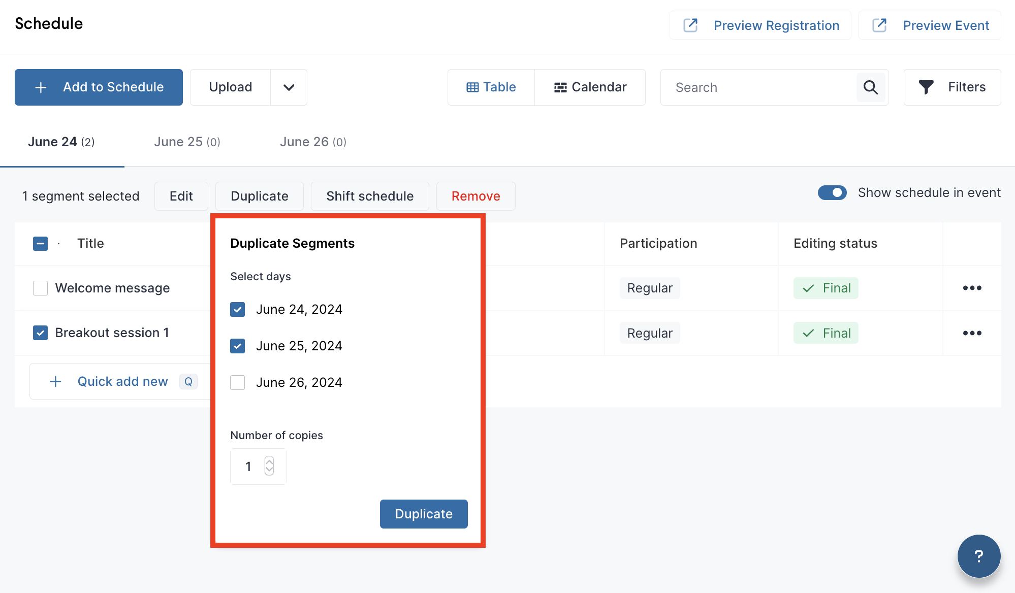 Duplicating schedule segments – RingCentral Events