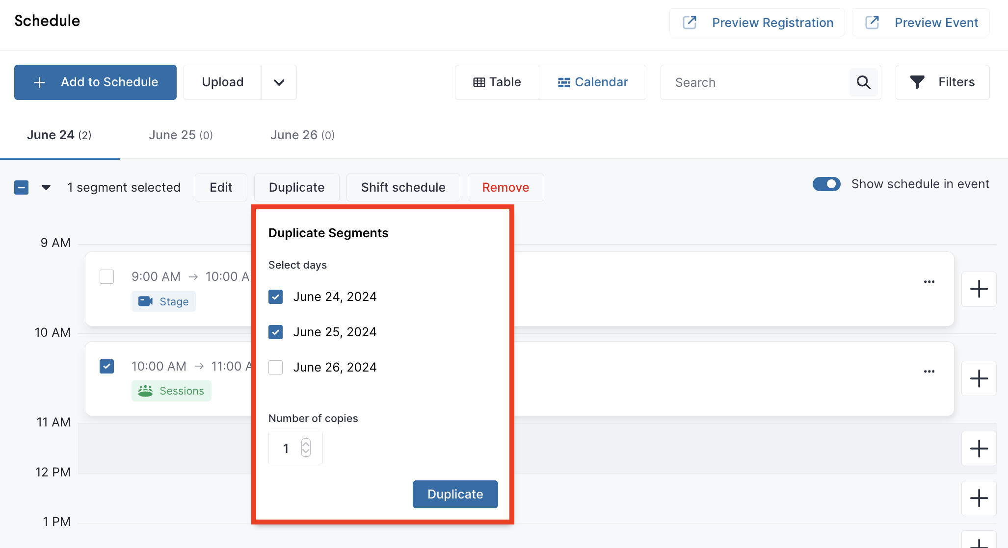 Duplicating schedule segments – RingCentral Events