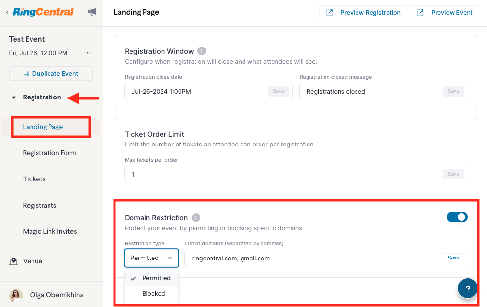 Enabling Domain Restriction Ringcentral Events